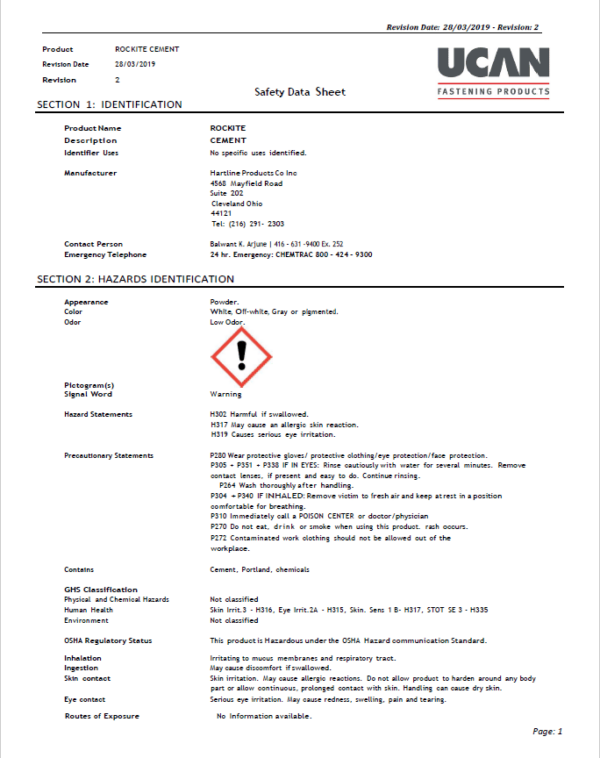 Safety Data Sheet (SDS) - UCAN - Fastening Products